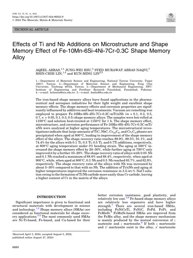 Effects of Ti and NB Additions On Microstructure and Shape Memory Effect of Fe10Mn6Si4Ni7Cr03C ...