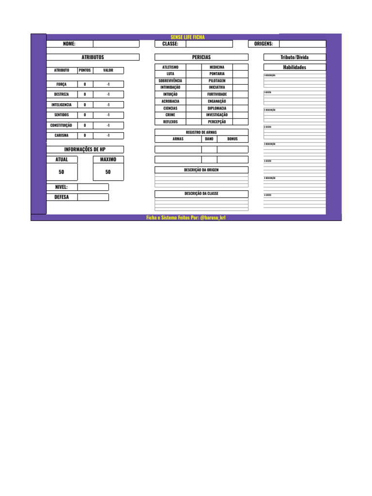 Ficha de Personagem Sense Life | PDF