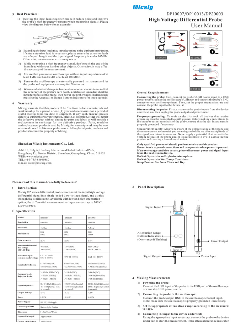 User Manual: High Voltage Differential Probe | PDF | Telecommunications ...