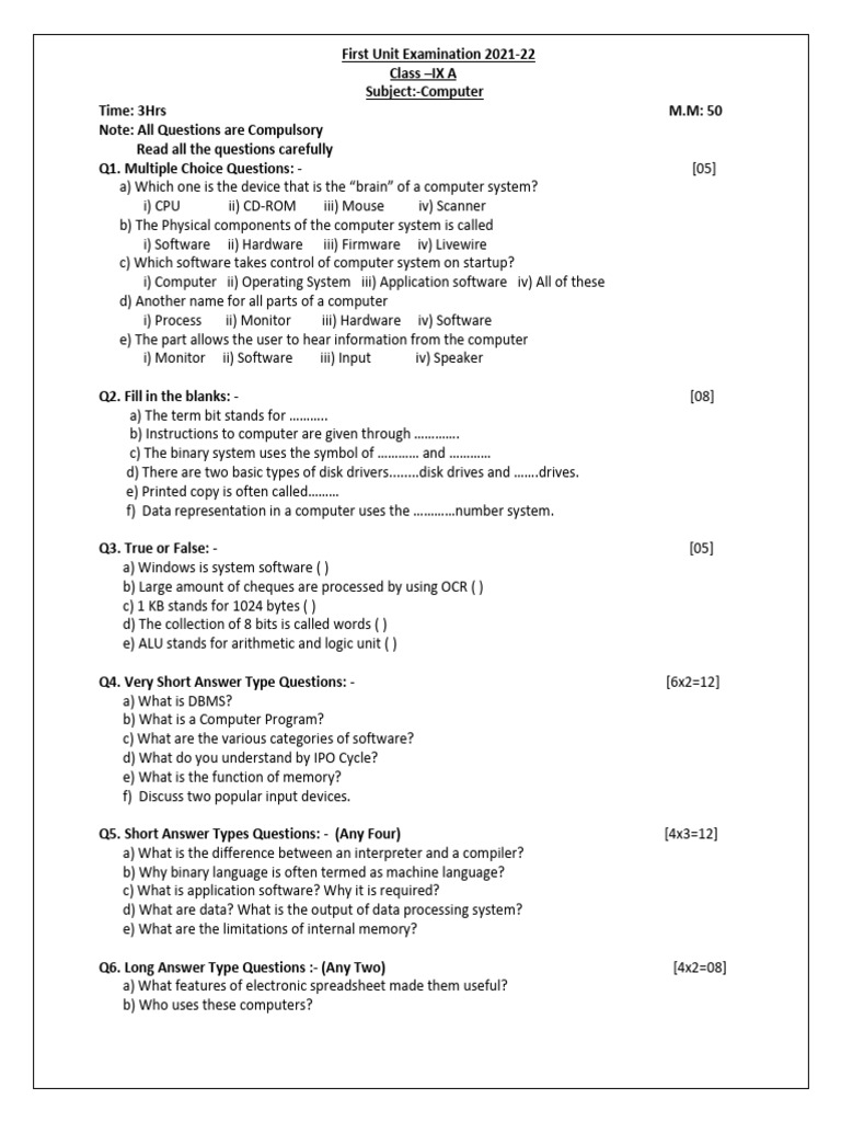 First Unit Examination COMPUTER IX 2021 Updated | PDF | Information ...