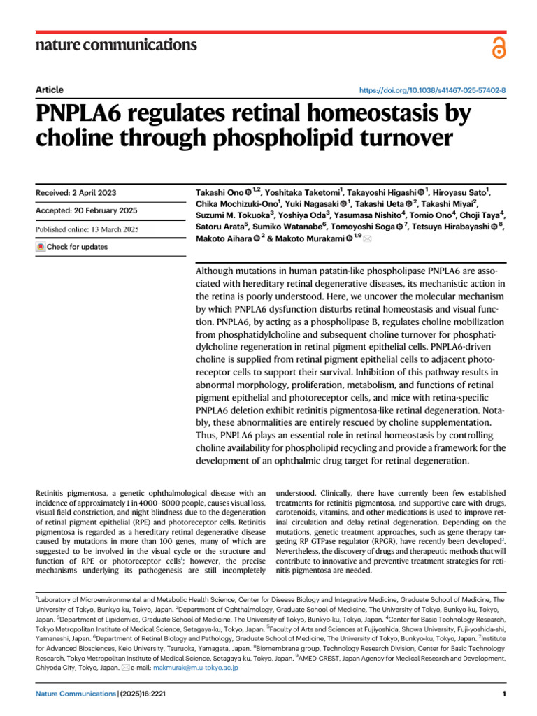 PNPLA6 Regulates Retinal Homeostasis by Choline Through Phospholipid ...