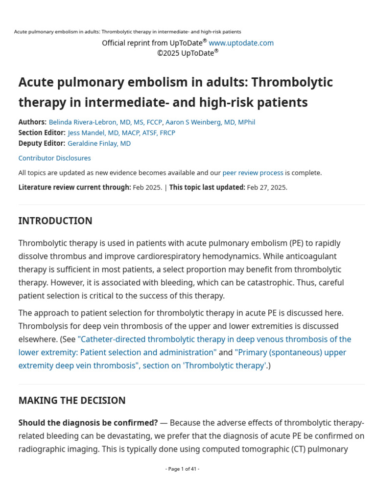 Acute Pulmonary Embolism in Adults - Thrombolytic Therapy in ...