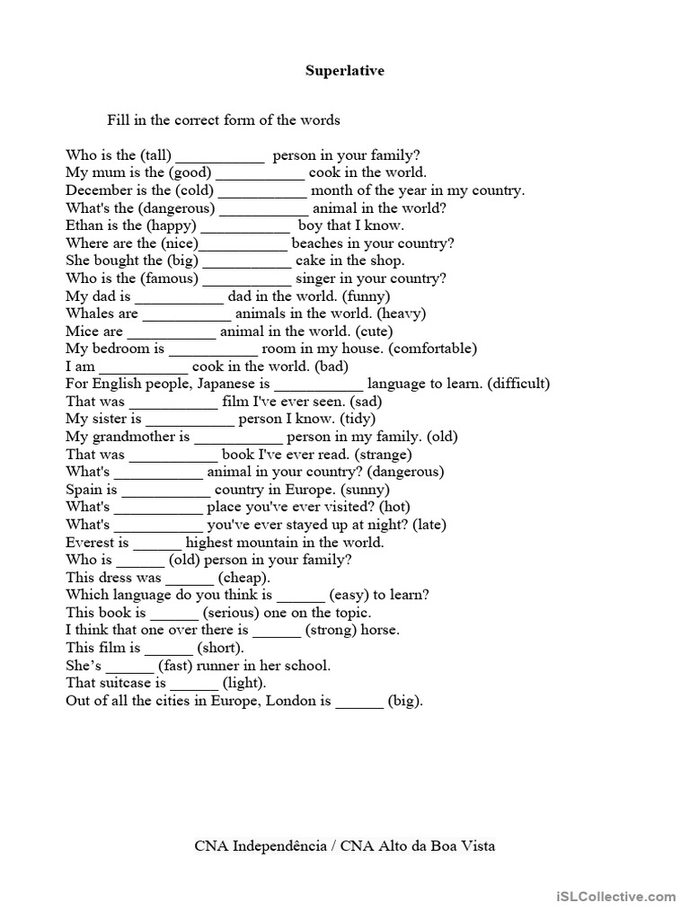 Superlative Practice Exercises | PDF