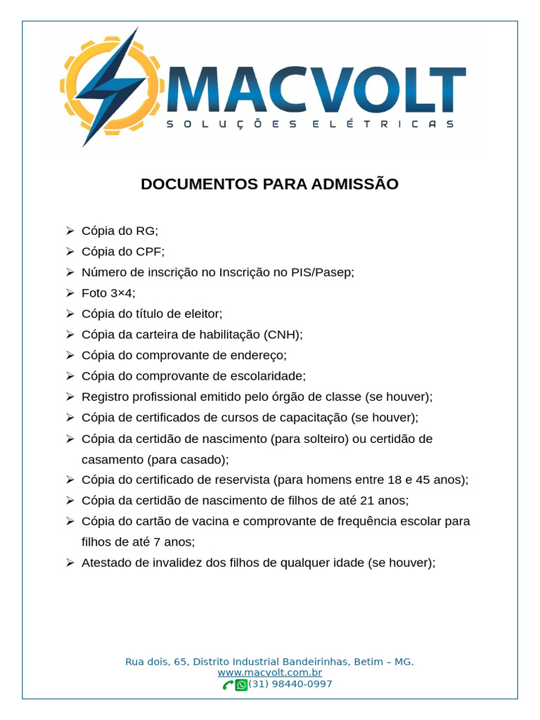 Documentos para Admissão | PDF