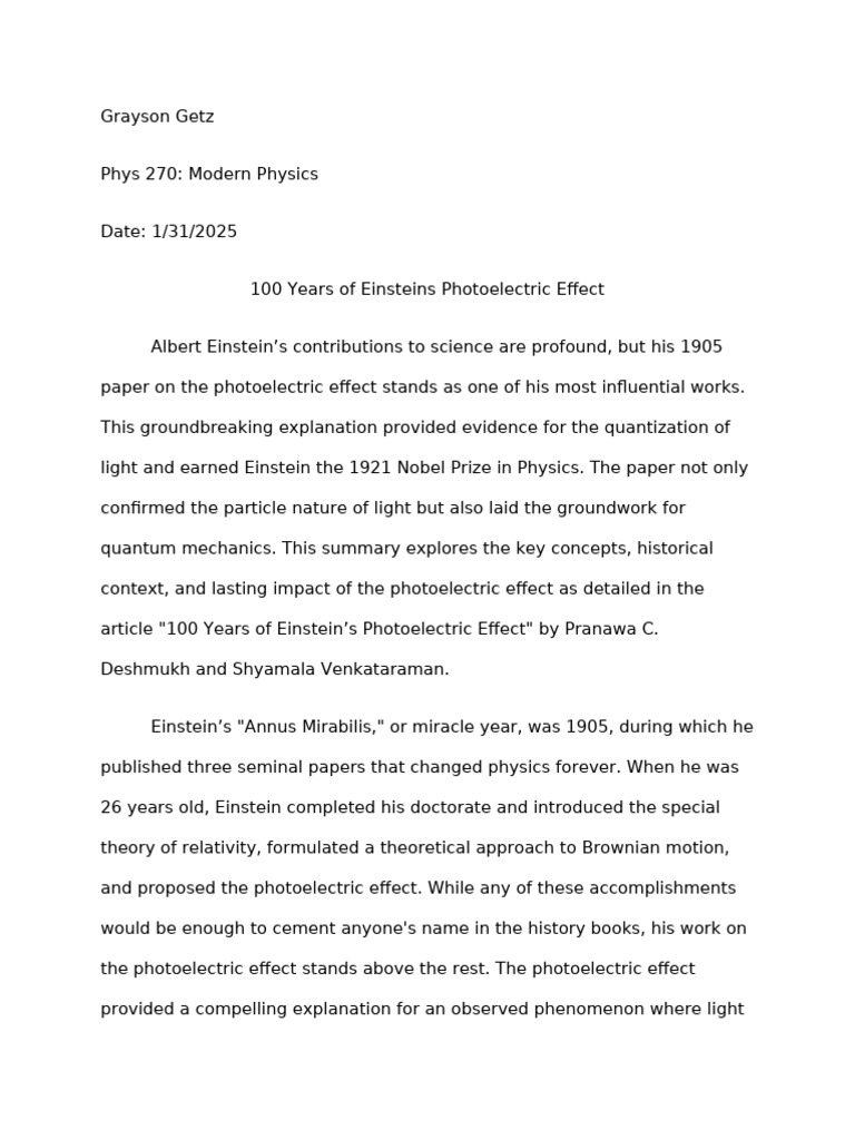 Einstein's Photoelectric Effect Explained | PDF | Photoelectric Effect ...