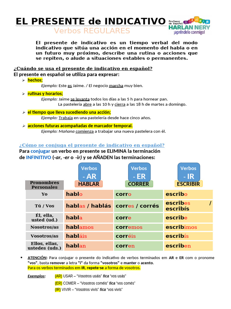 02 Presente de Indicativo REGULAR - CONTENIDO y ACTIVIDADES | PDF ...
