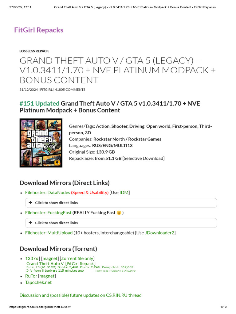 Grand Theft Auto V - GTA 5 (Legacy) - v1.0.3411 - 1.70 + NVE Platinum ...