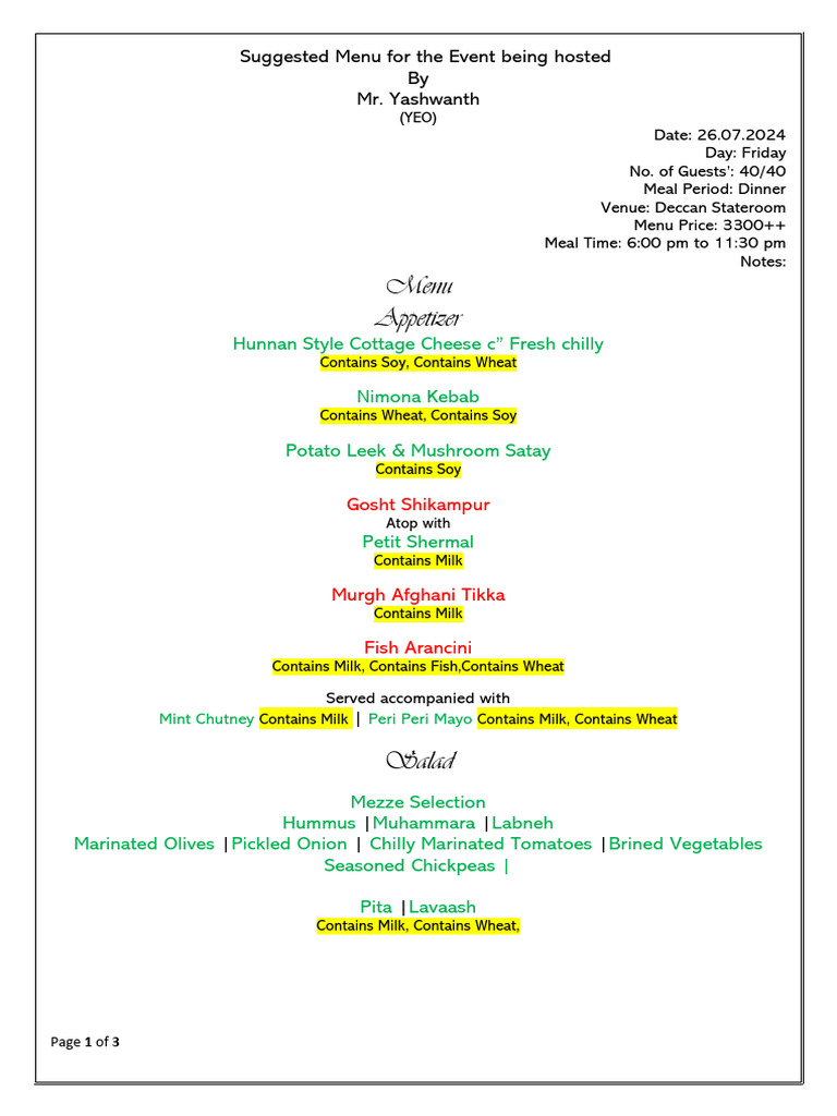 26.07.2024 Mr. Yashwanth - YEO-Dinner - DG-Veri II | PDF | Chutney | Sauce