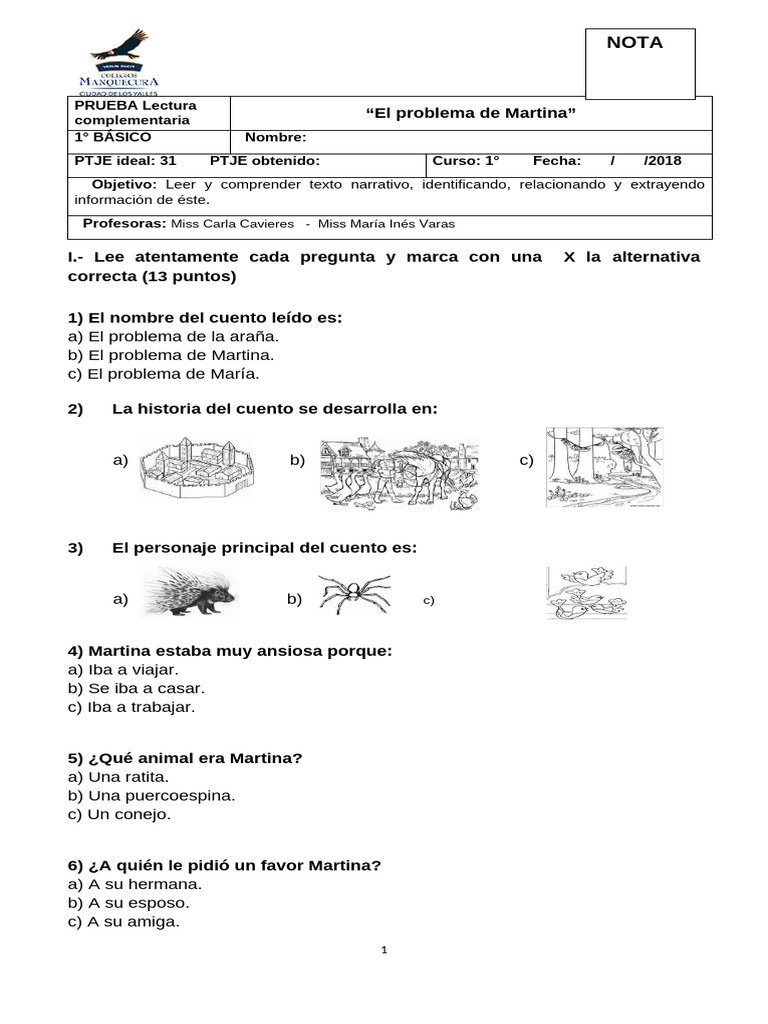 Prueba Lectura Complementaria El Problema de Martina Primero Basico | PDF