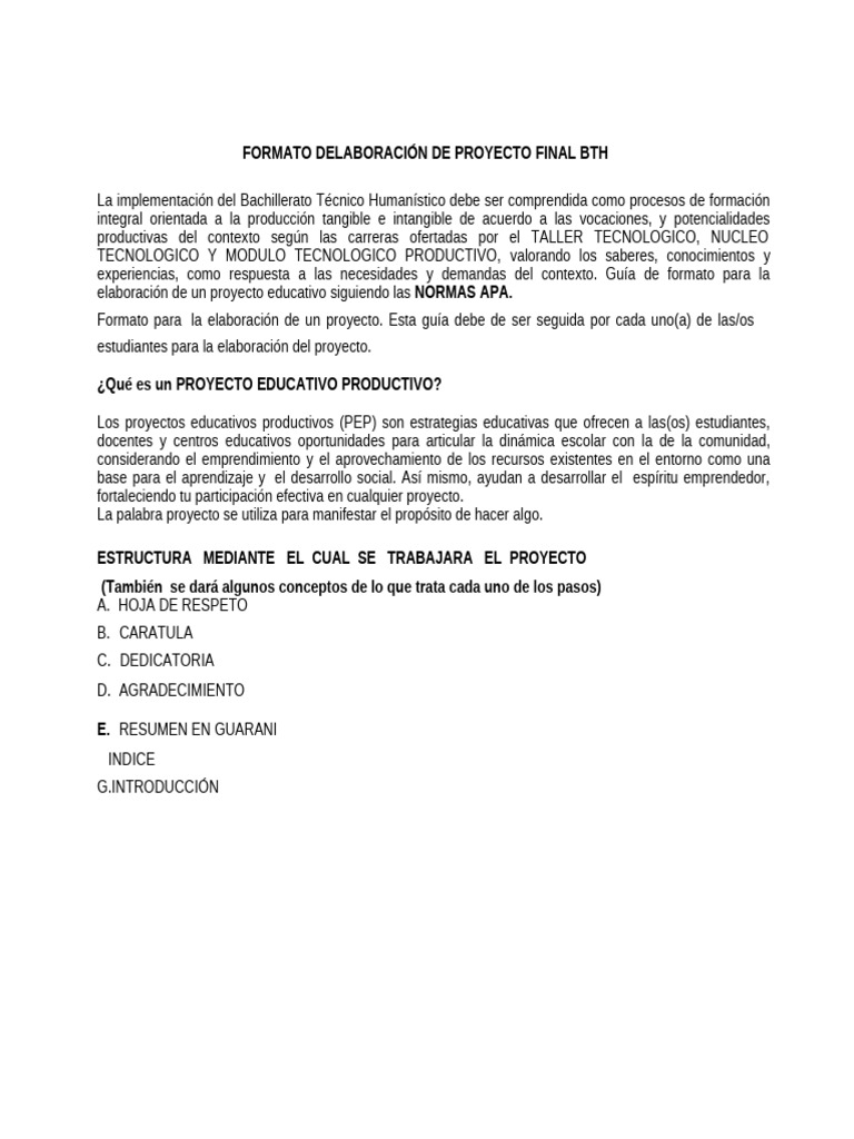 Formato de Elaboración de Proyecto Final BTH | PDF | Presupuesto
