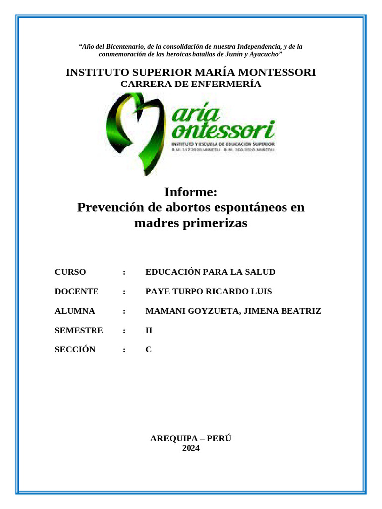 Informe de Prevención de abortos espontáneos en madres primerisas | PDF | El embarazo | Aborto