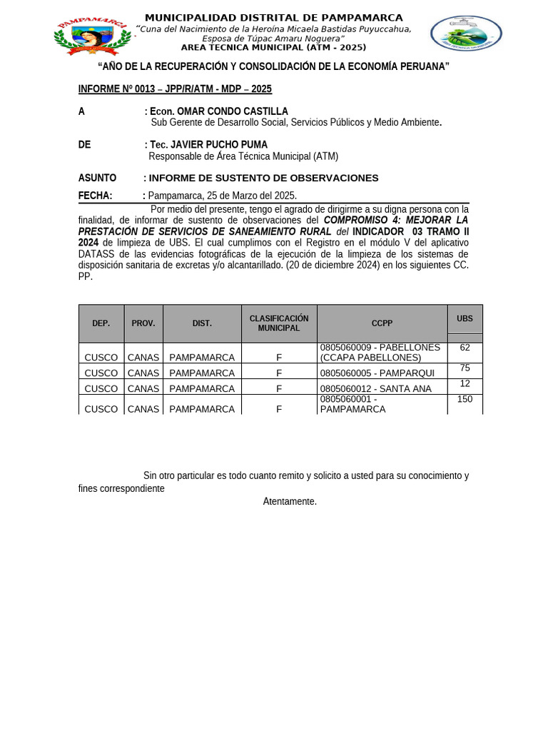 Informe de Sustento de Observaciones | PDF
