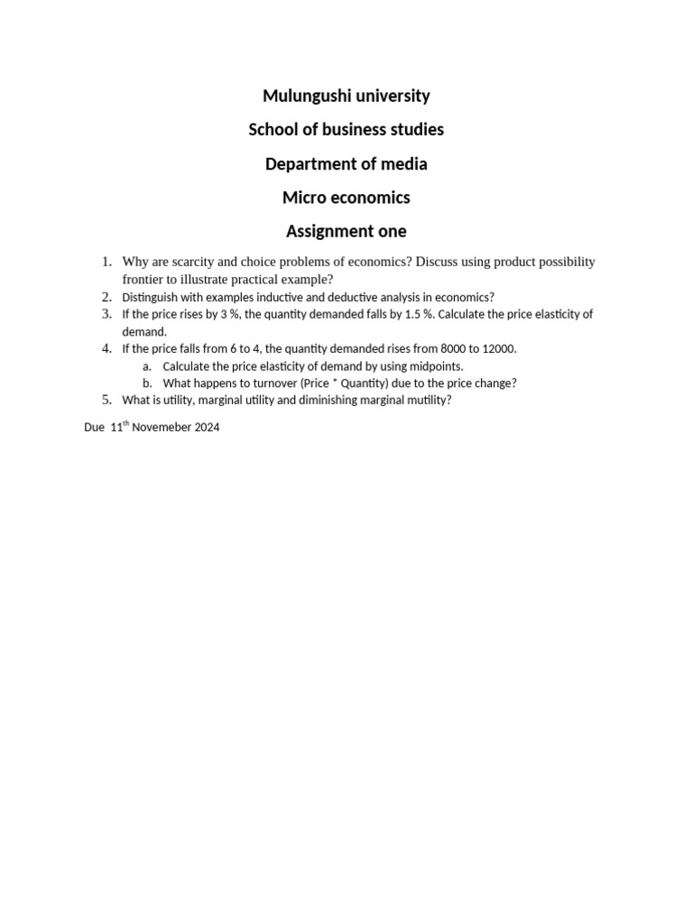 Mulungushi University Microeconomics Assignment One 2024 | PDF