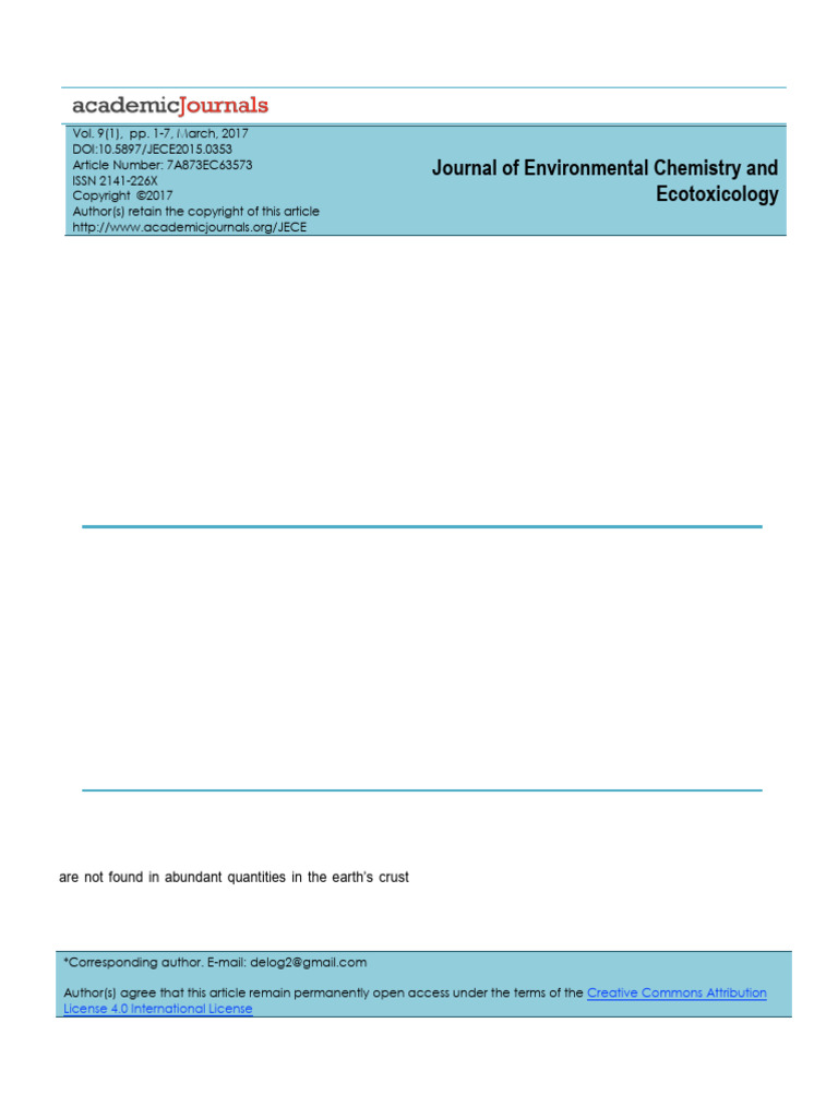 Accumulation of Heavy Metals On Bed Sediments of Nairobi Dam, Kenya by ...
