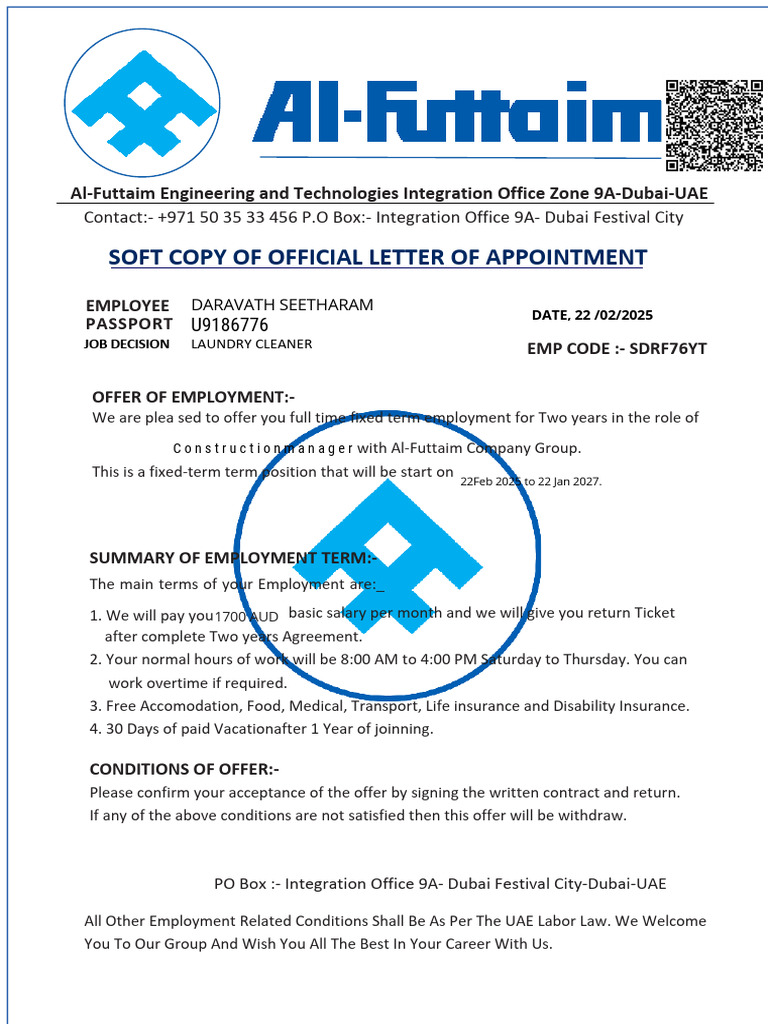 Al Futtaim Job Letter 91.pdf - 20250221 - 231948 - 0000 | PDF | Employment | Business Ethics