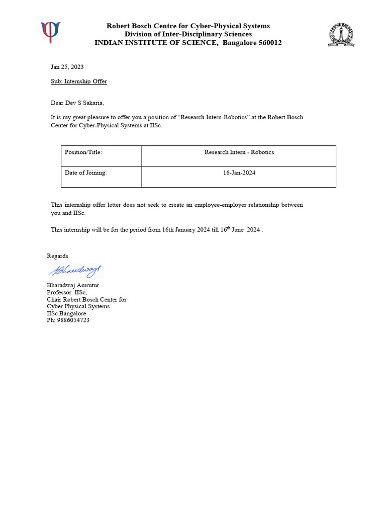 IISC Internship Offer_Dev Sanjay Sakaria | PDF