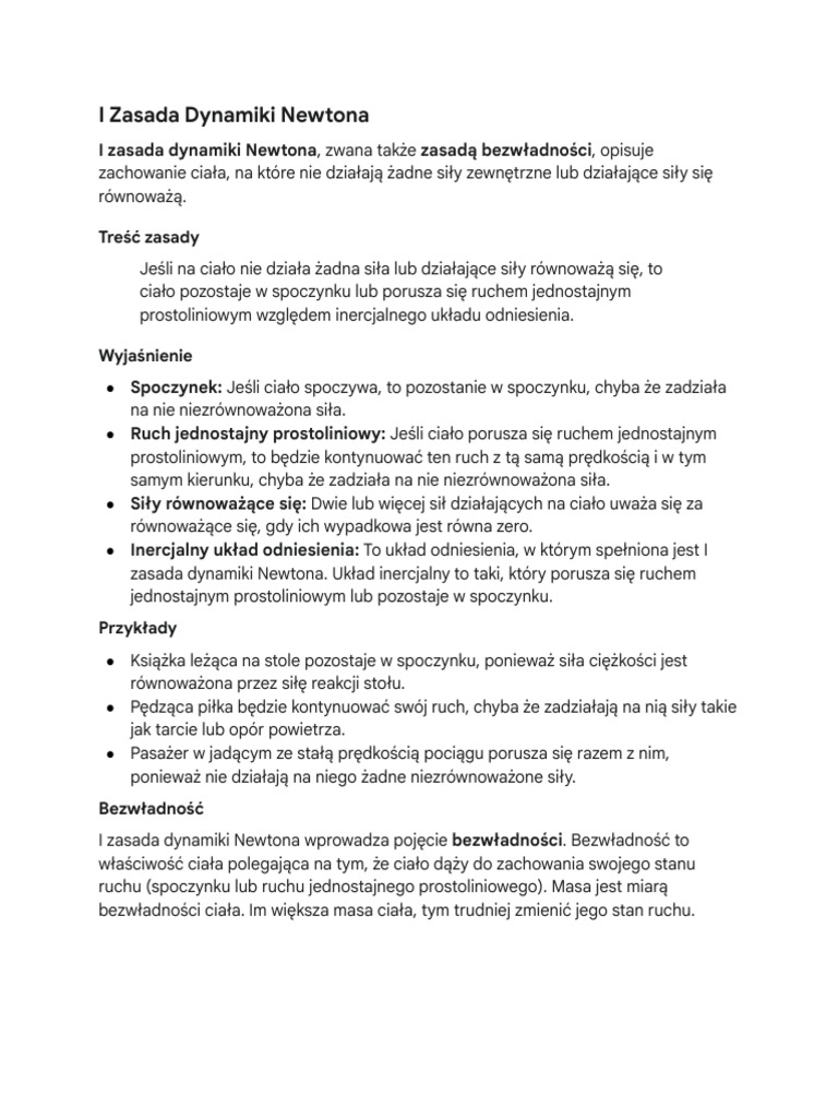 I Zasada Dynamiki Newtona | PDF
