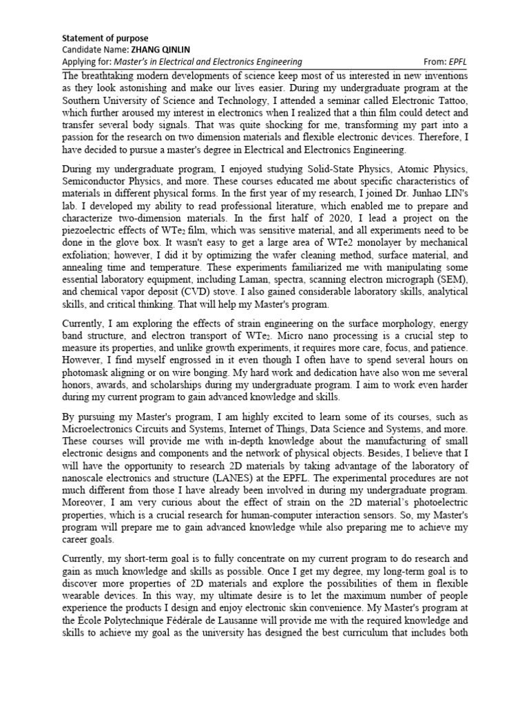 Electrical and Electronics Engineering Statement of Purpose | PDF | Scanning Electron Microscope ...