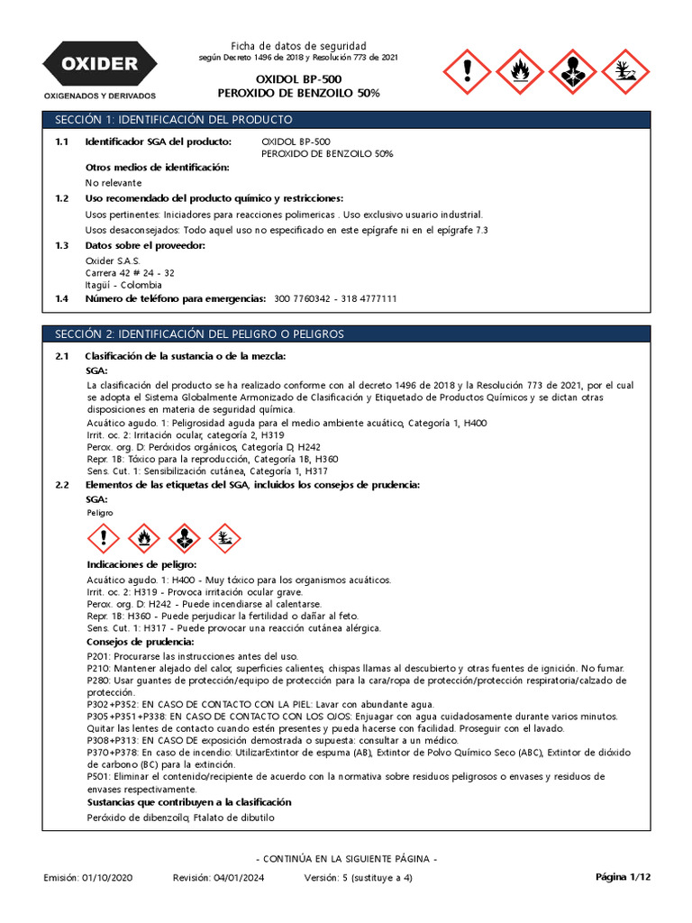 Hoja de Seguridad OXIDOL BP-500 3108 | PDF | Agua | Dióxido de carbono