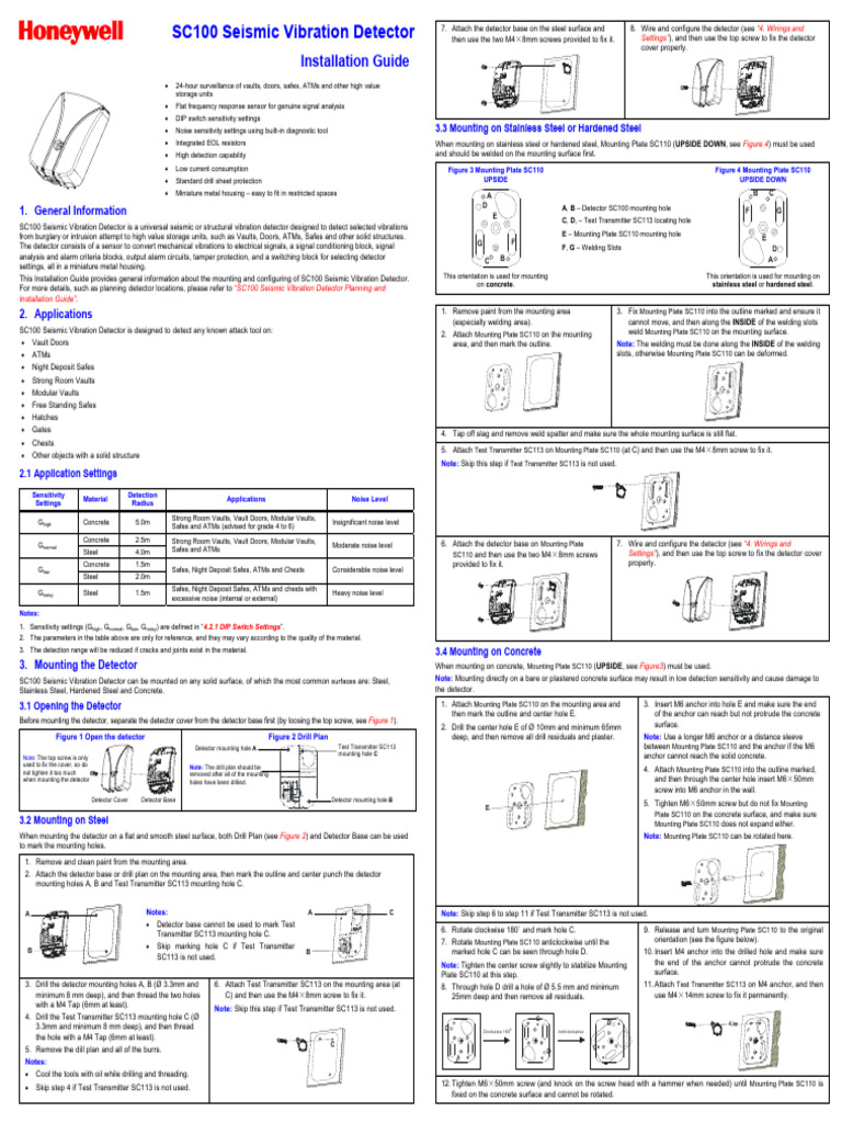 SC100 Seismic Detector Installation Guide | PDF | Bank Vault | Screw