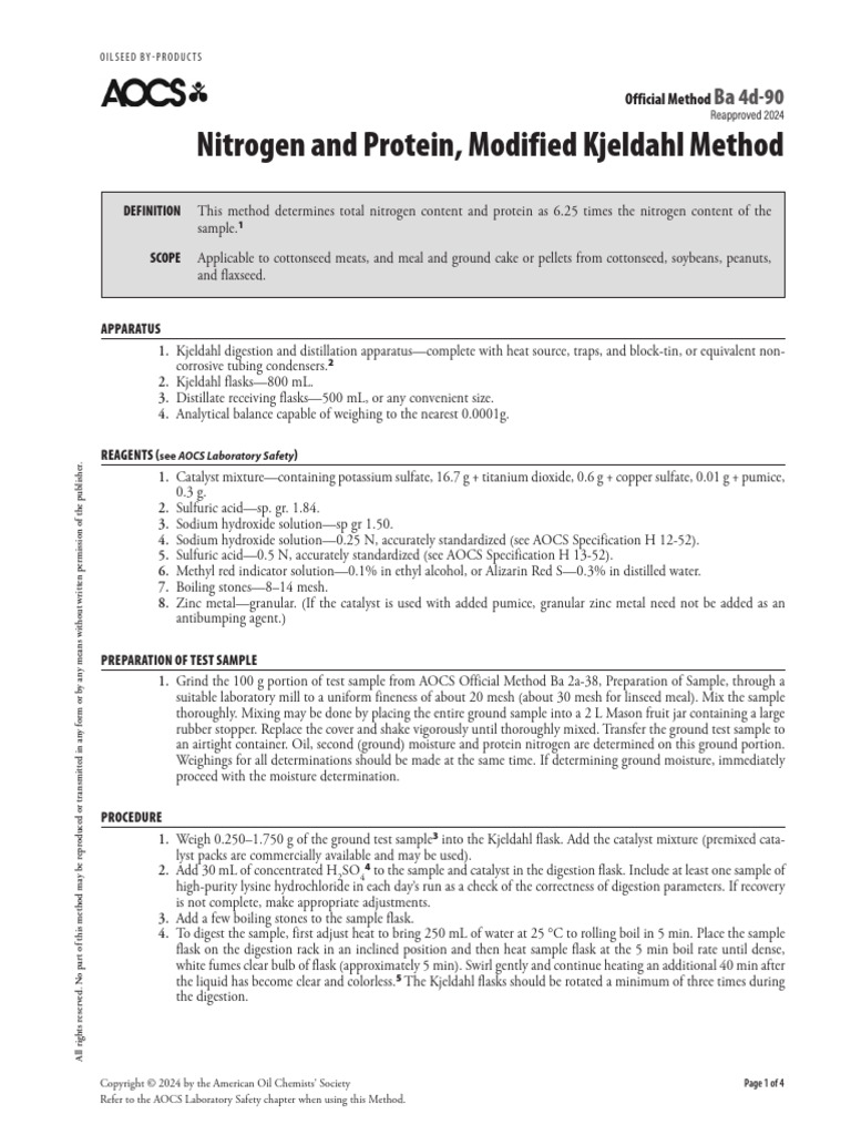 Modified Kjeldahl Method for Protein Analysis | PDF | Chemical ...