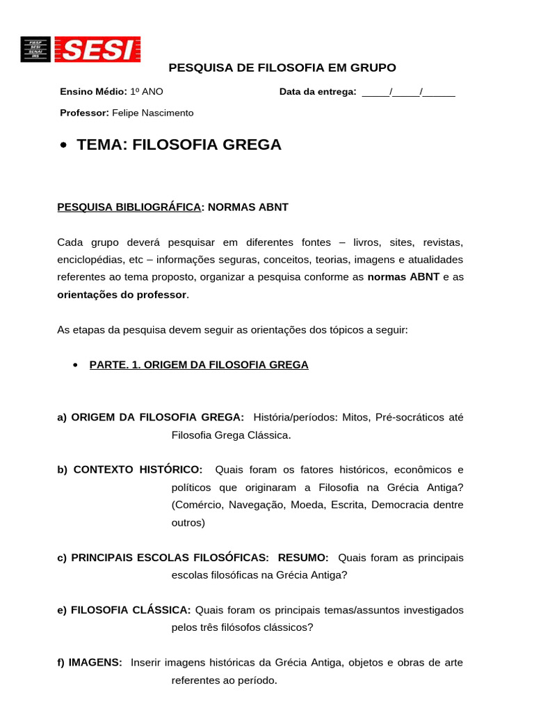 Roteiro de Pesquisa Filosofia Grega 1ºano 2024 | PDF | Filosofia Grega ...