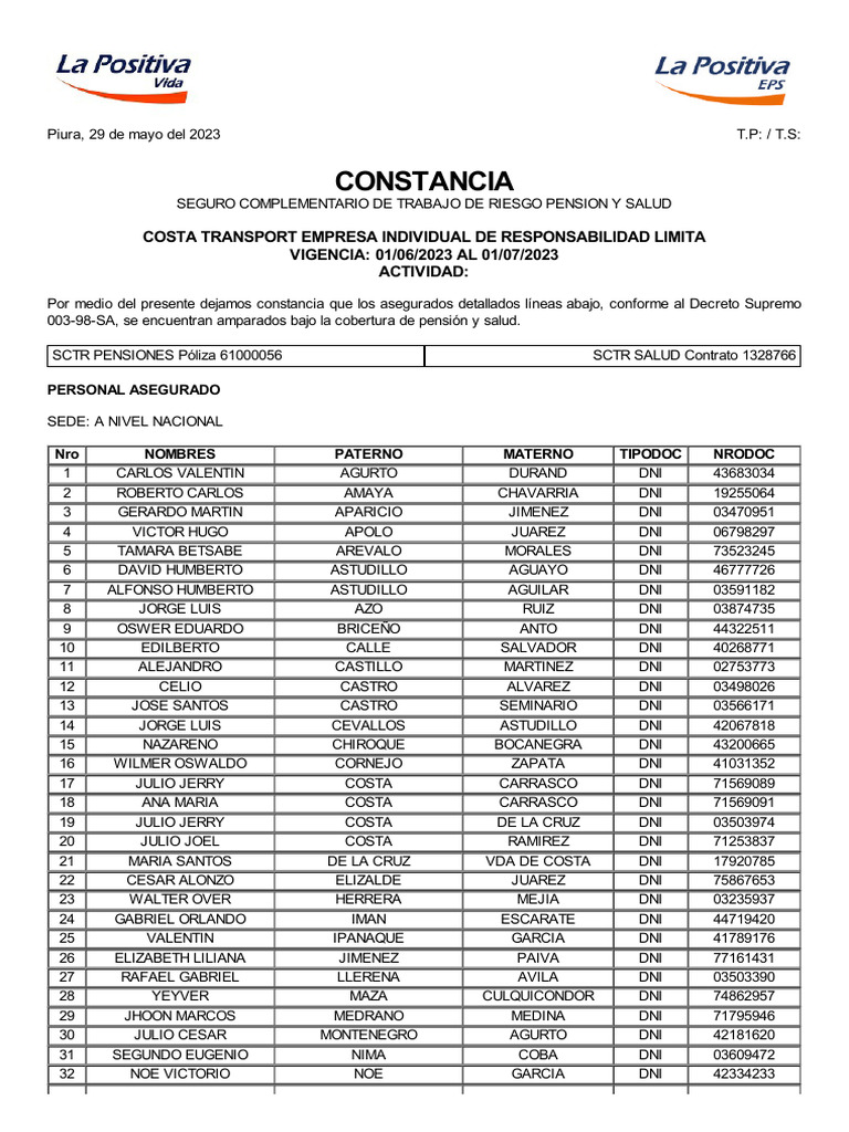 SCTR MES JUNIO | PDF | Póliza de seguros | Lugar de trabajo