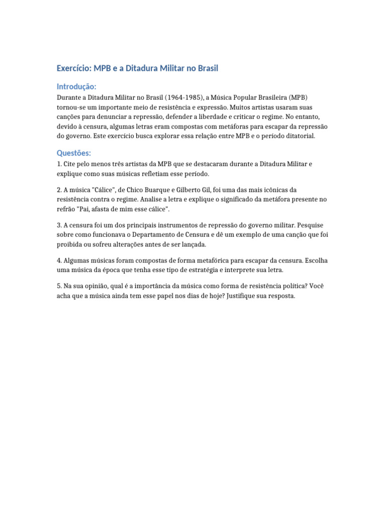 Exercicio MPB Ditadura | PDF