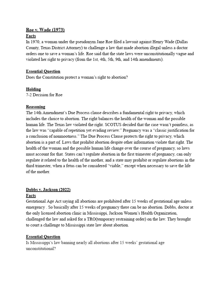 Roe v. Wade and Dobbs Overview | PDF | Roe V. Wade | Supreme Court Of ...