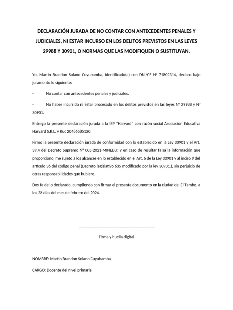 DECLARACIÓN JURADA DE NO CONTAR CON ANTECEDENTES PENALES Y JUDICIALES ...