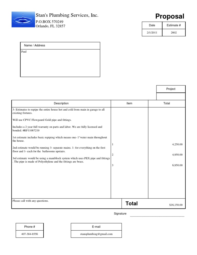 Home Repipe Estimates | PDF