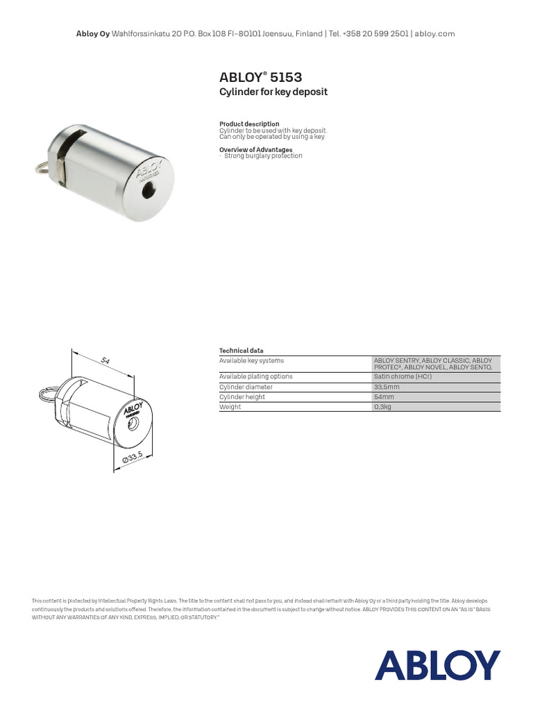 Abloy 5153c Data Sheet 1 | PDF