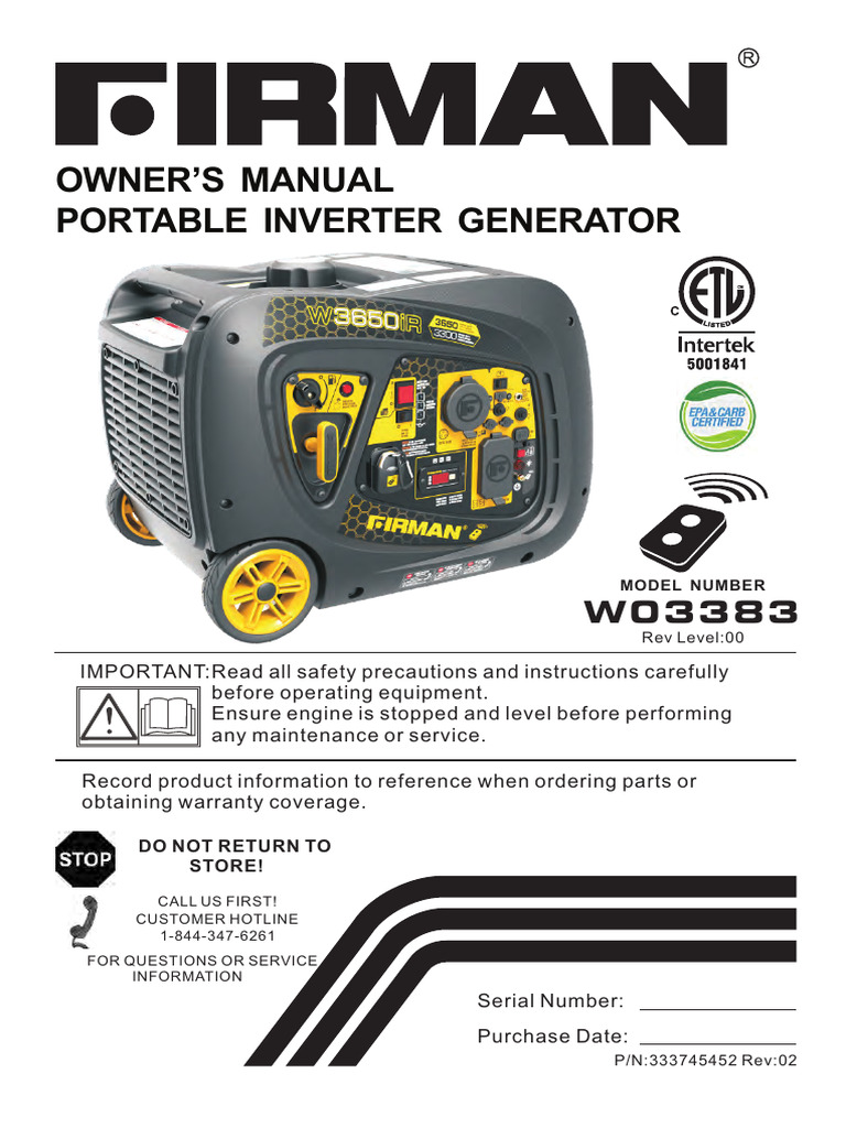 Firman 3650 Owners Manual | PDF | Electric Generator | Mains Electricity