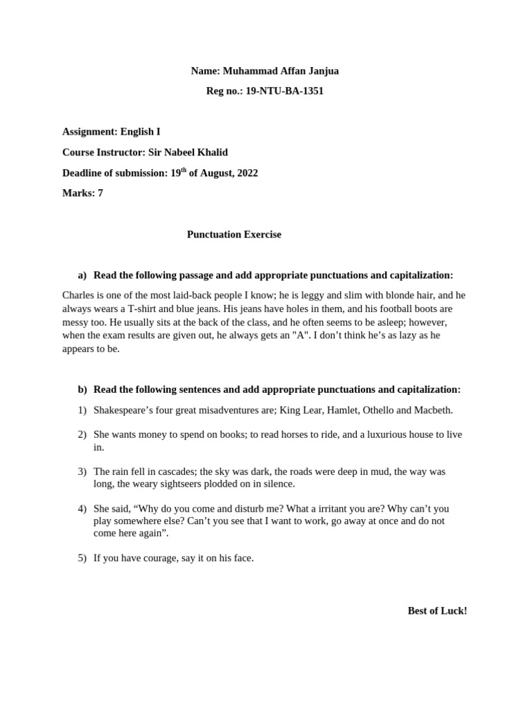 Assignment 1 English I Summers | PDF