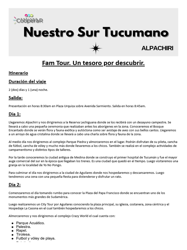 Itinerario Fam Tour (Nuestro Sur Tucumano) PDF | PDF