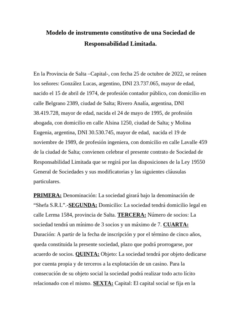 Modelo de Instrumento Constitutivo de SRL | PDF | Sociedad de responsabilidad limitada | Camaradería