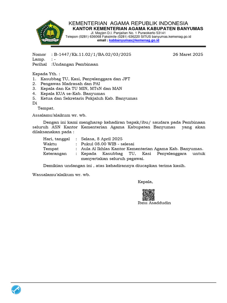 Undangan Pembinaan ASN Kemenag Banyumas | PDF