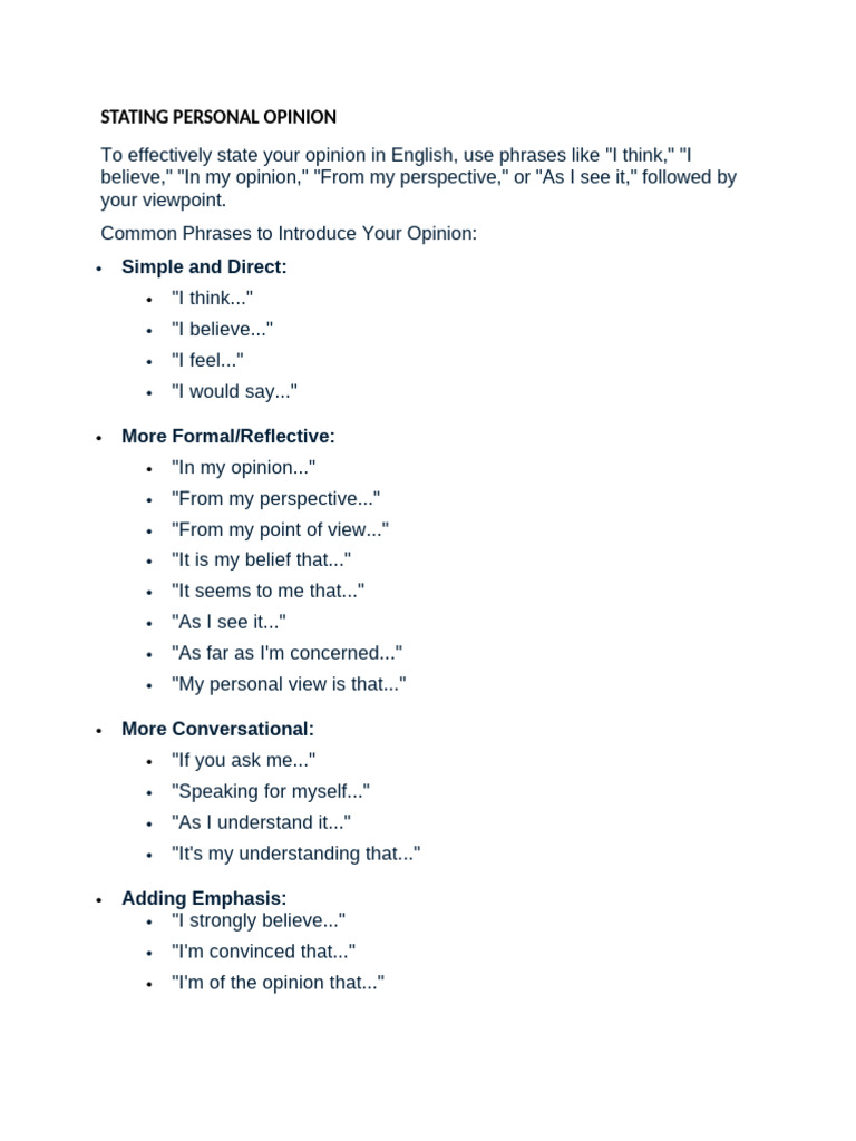 Stating Personal Opinion. | PDF