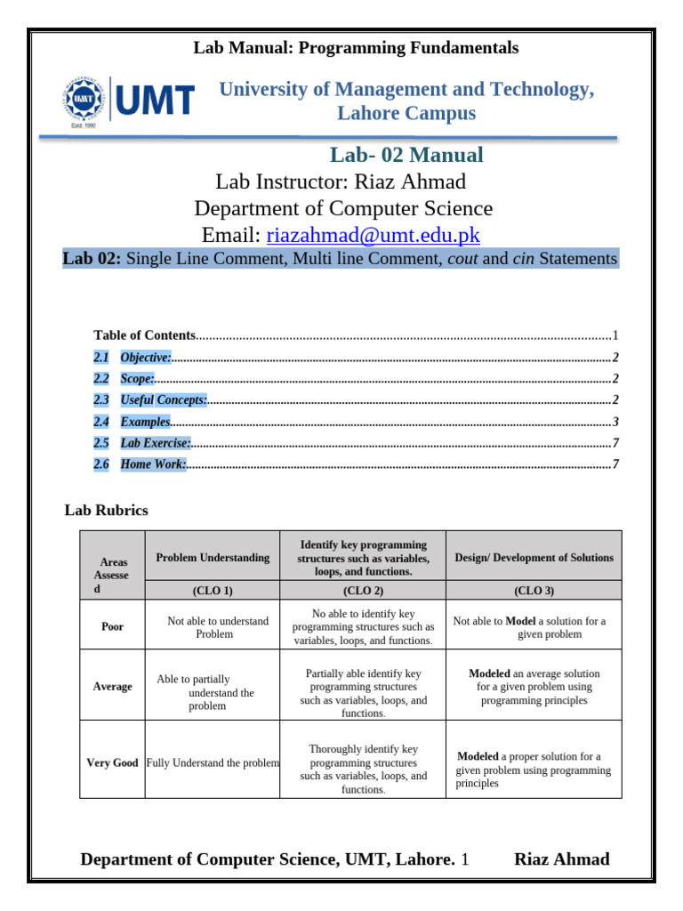Lab Manual 02 - Single & Multi Line Comment, Cout & Cin Statements | PDF | Computer Science ...