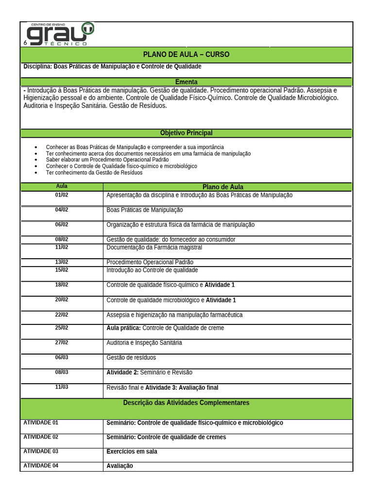 Plano de Aula- BPM E CQ - Turma FMC 06 M | PDF | Farmácia | Farmacêutico