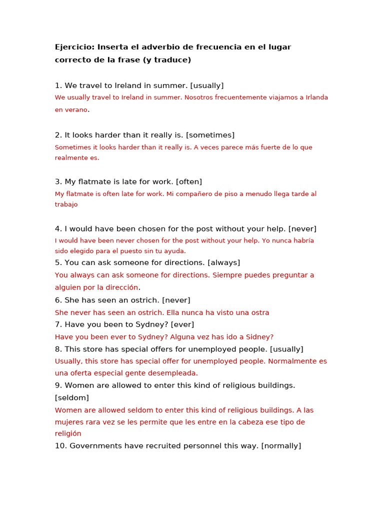Exercicios Adverbios de Frecuencia | PDF