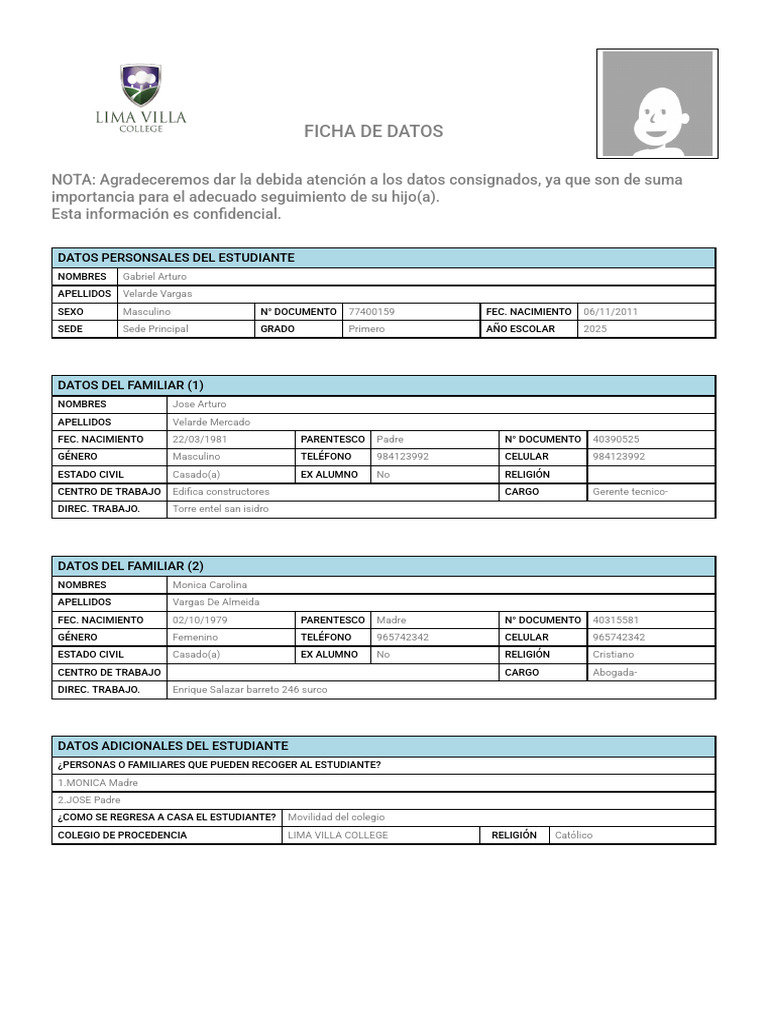 Ficha de Datos del Estudiante Gabriel Velarde | PDF