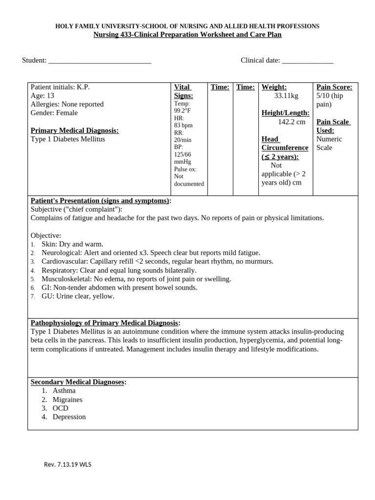 433 Clinical Prep Worksheet and Care Plan | PDF | Pain | Health Care