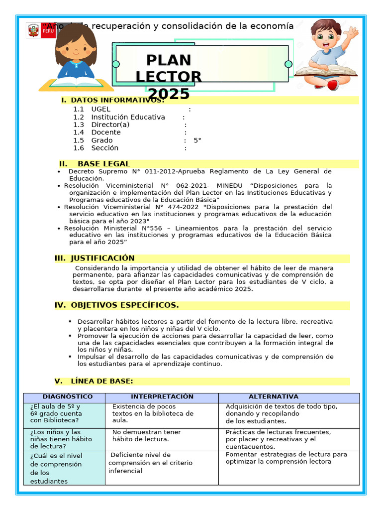 5°-PLAN LECTOR-2025-MODELO | PDF | Maestros | Comprensión lectora