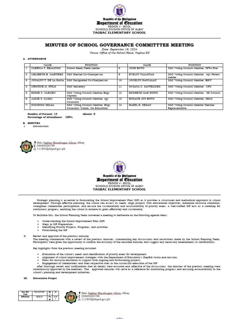 2024 2025 SGC 5 PAWIM F 001 Minutes of The Meeting On Sip, Aip | PDF ...