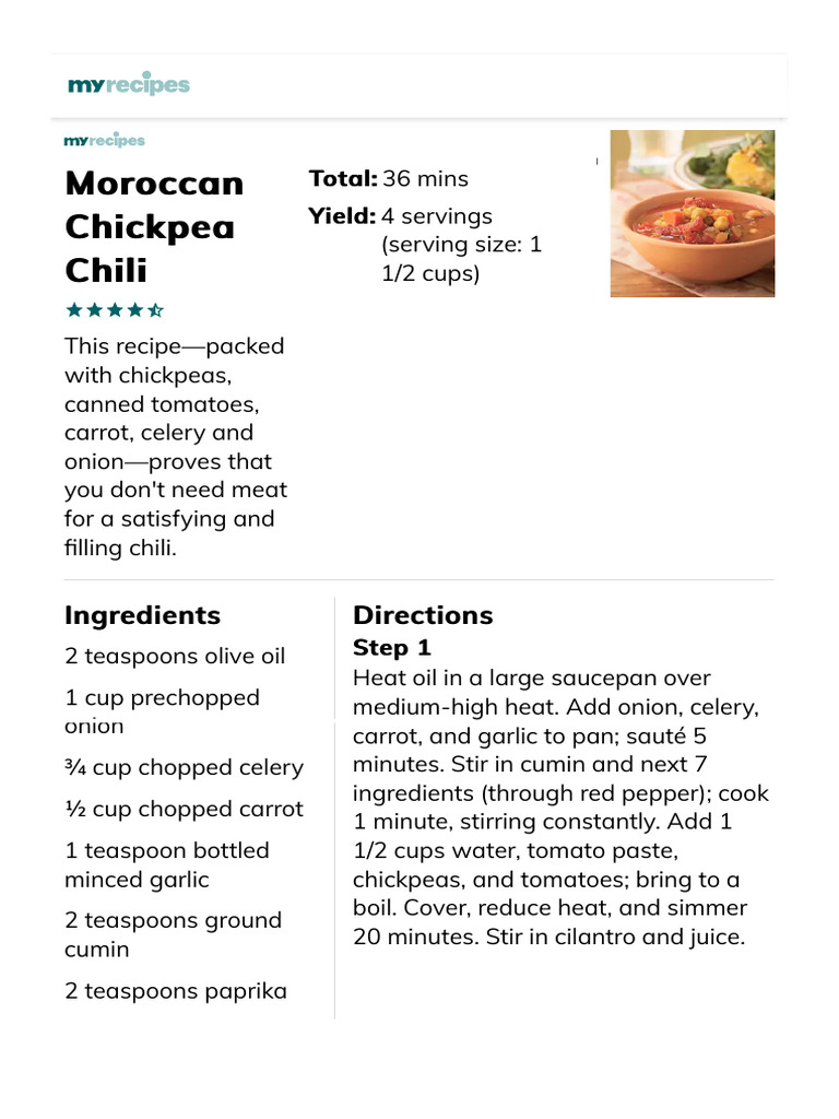 Moroccan Chickpea Chili Recipe MyRecipes | PDF
