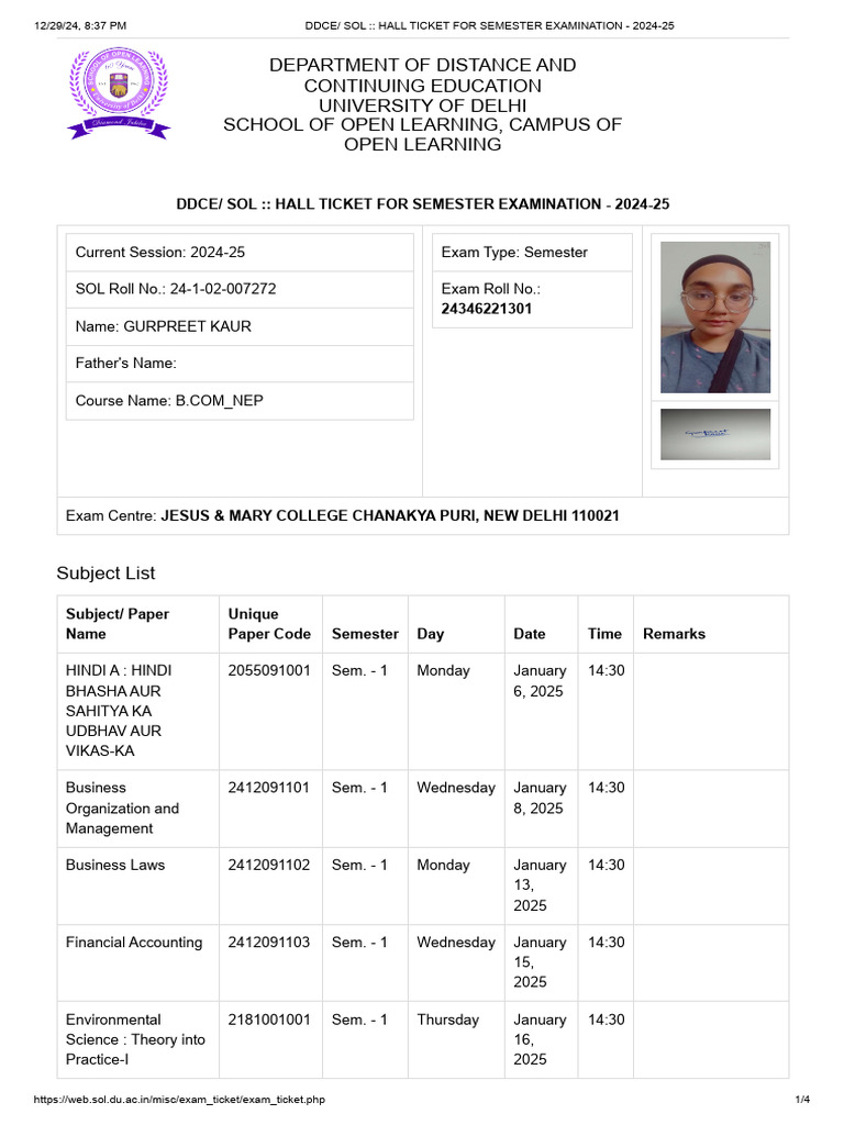 Ddce - Sol - Hall Ticket For Semester Examination - 2024-25 | PDF