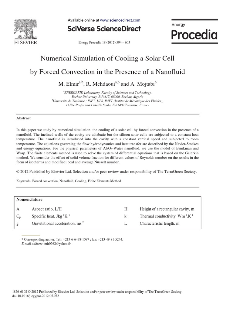1numerical Simulation of Cooling A Solar Cell by Forced Convection in The Presence of A ...