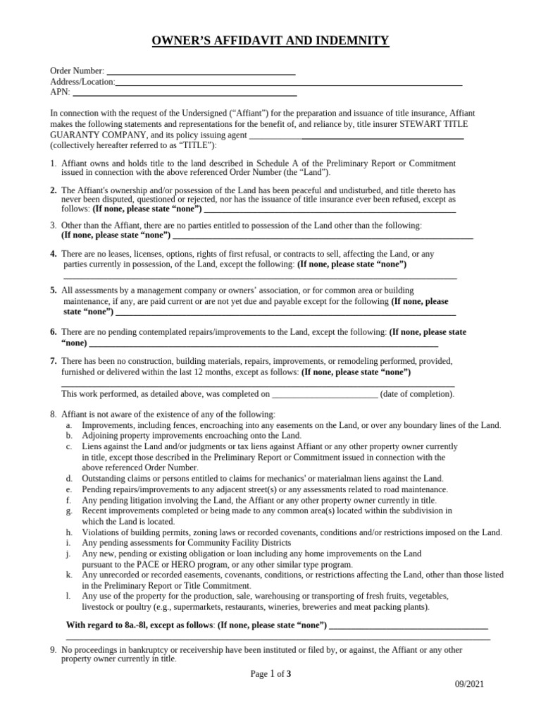 Owner's Affidavit for Title Insurance | PDF | Affidavit | Insurance