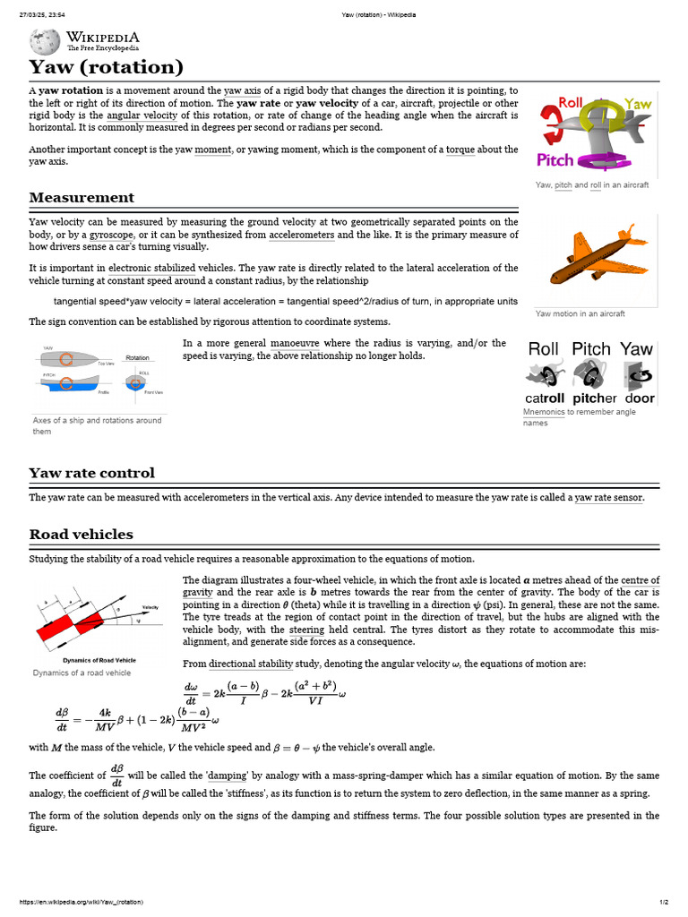 Yaw (Rotation) - Wikipedia | PDF | Mechanics | Motion (Physics)